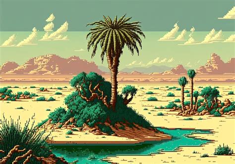 Premium AI Image Pixel Art Oasis In The Desert Landscape Background