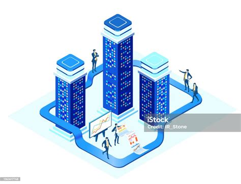 사람들은 서버룸에서 일합니다 Isometric 3d 비즈니스 개념 환경 기술 빅 데이터 컴퓨팅 인공 지능 개념 일러스트 등측