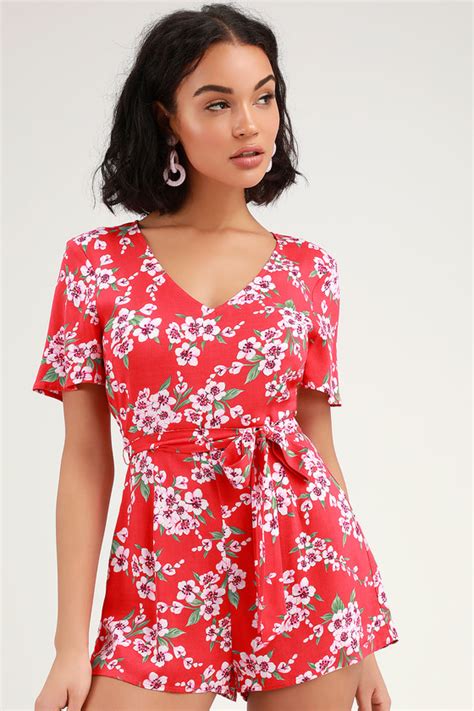 Cute Coral Red Romper Floral Print Romper Short Sleeve Romper Lulus