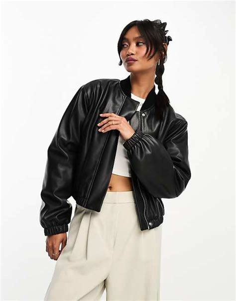 Abercrombie And Fitch Faux Leather Bomber Jacket In Black Asos