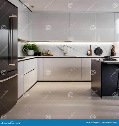 A Sleek And Modern Kitchen With Stainless Steel Appliances And Marble