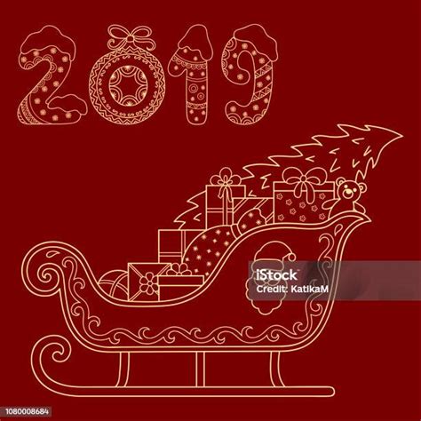 새 해와 크리스마스 장식 장식 휴일 요소입니다 글자 수 2019입니다 축제 디자인장난감 선물 썰매와 산타 클로스 책 페이지를 착