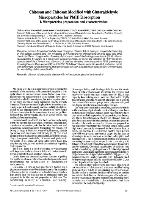 Pdf Chitosan And Chitosan Modified With Glutaraldehyde Microparticles For Pbii Biosorption