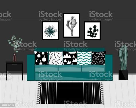 스칸디나비아 스타일 검은색과 흰색 카펫 장식한 베개 집 식물 그리고 어두운 회색 벽과 파란색 소파와 함께 거실 인테리어 벡터 3차원 형태에 대한 스톡 벡터 아트 및 기타