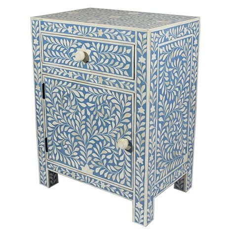 Handmade Bone Inlay Blue Floral Bedside Table Bone Inlay Table