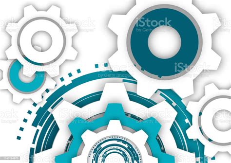 벡터 일러스트 레이 션의 흰색 바탕에 기어 바퀴의 추상 테크노 배경 밝은 회전 기어 기계 공학 기술 기호입니다 가상현실에 대한 스톡 벡터 아트 및 기타 이미지 Istock