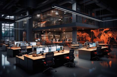 3d Rendering Of Modern Office Interior Workplace With Computers