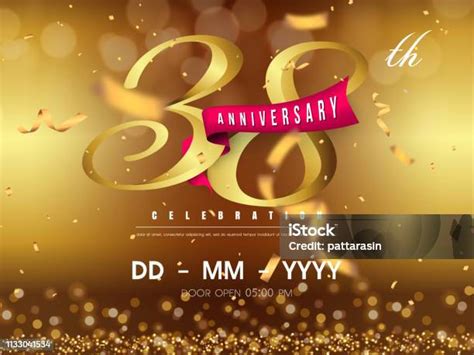 골드 배경에 38 년 기념일 로고 템플릿 38 빨간 리본 벡터와 색종이 고립 된 디자인 요소와 황금 숫자를 축 하 광고에 대한 스톡 벡터 아트 및 기타 이미지 Istock