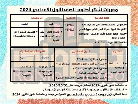 توزيع مقررات شهر اكتوبر 2024 للصفين الاول والثاني الاعدادي كل المواد