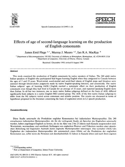 Speech Effects Of Age Of Second Language Learning On The Production Of English Consonants Pdf