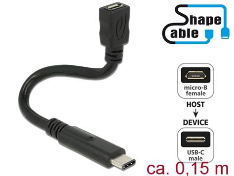 Cablu Micro USB B 2 0 La USB C M T Negru ShapeCable 0 15m Delock 83929