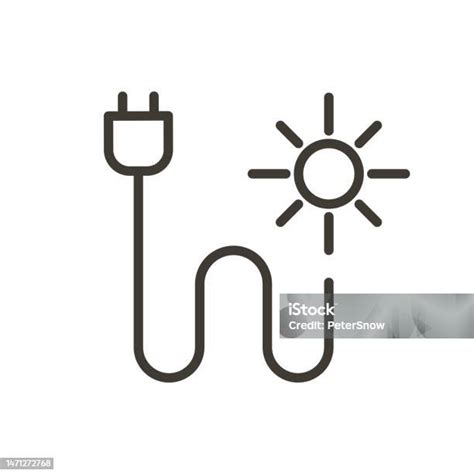 케이블과 플러그가있는 태양 벡터 얇은 선 개요 아이콘 태양 에너지 태양 에너지 햇빛 플러그 전기 대체 재생 에너지의 개념에 대