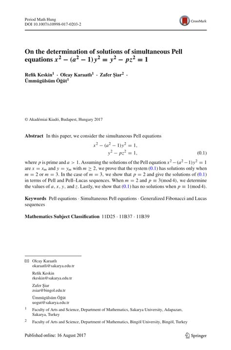 Pdf On The Determination Of Solutions Of Simultaneous Pell Equations X2 − A2 − 1 Y2 Y2 −