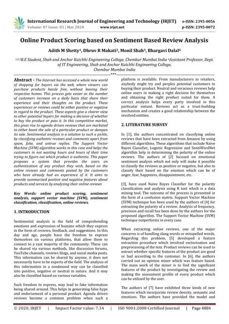Irjet Online Product Scoring Based On Sentiment Based Review Analysis Pdf