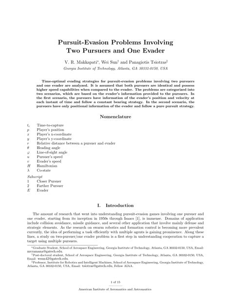 Pdf Pursuit Evasion Problems Involving Two Pursuers And One Evader