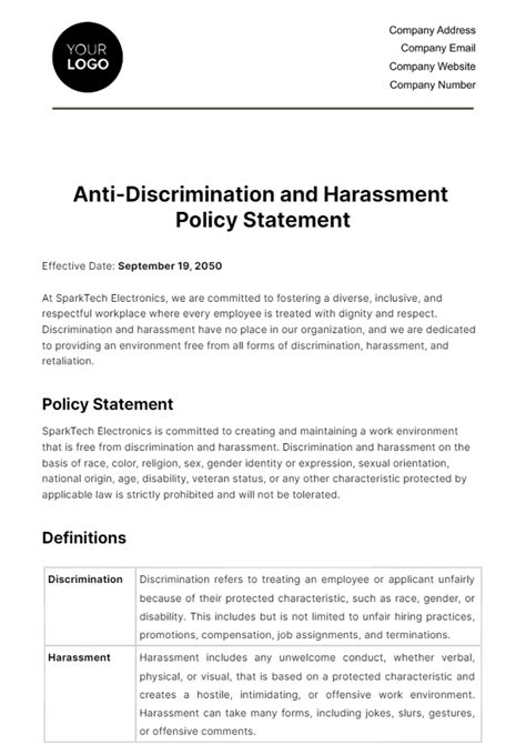 Free Anti Discrimination And Harassment Policy Statement Hr Template To