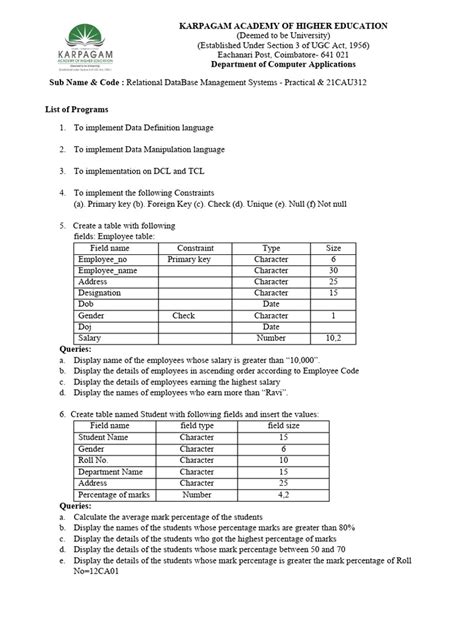Rdbms List Of Programs Pdf