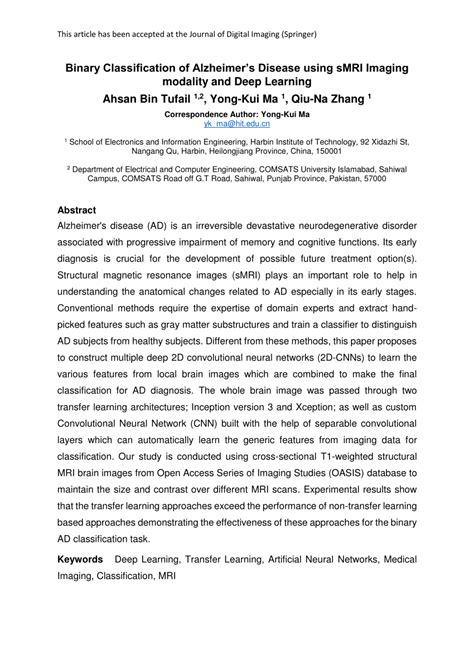 Pdf Binary Classification Of Alzheimer Disease Using Smri Imaging Modality And Deep Learning