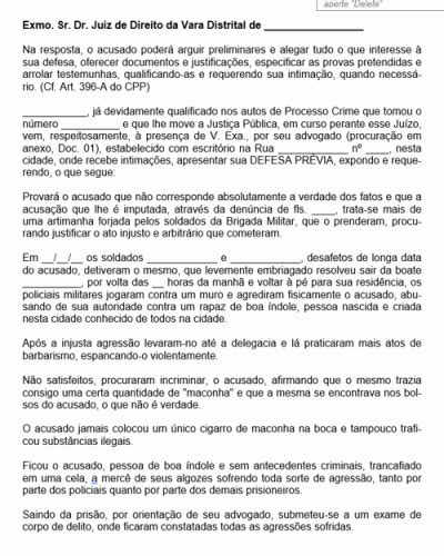 Referência Para Petição Defesa Prévia Confissão Sob Tortura Modelo