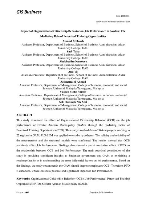 Pdf Impact Of Organizational Citizenship Behavior On Job Performance In Jordan The Mediating