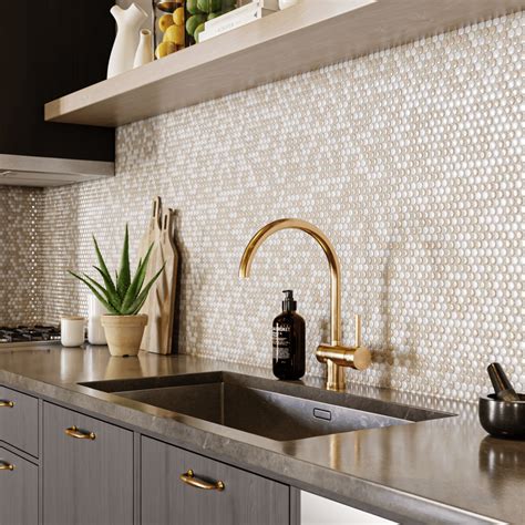 Penny Round Ceramic Glossy Tile Texture Beige Poliigon