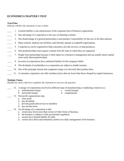 Economics Chapter 3 Test Business Organizations More