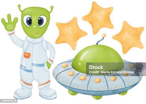 공간 설정 초록색 귀여운 외계인이 손을 흔든다 외계인 우주선 만화 Ufo 세 개의 노란색 별 수채화 격리 된 개체입니다 만화 스타일 인쇄물 어린이 프리젠테이션 초대장 및