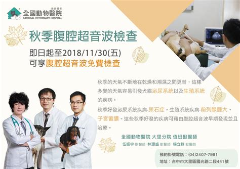 全國動物醫院連鎖體系 全國動物醫院連鎖體系 大里分院 腹腔超音波 免費 僅供預約掛號