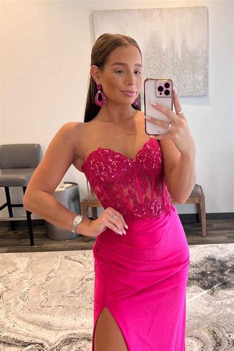 Sweetheart Corset Lace Hot Pink Long Prom Dress With Slit Fancyvestido