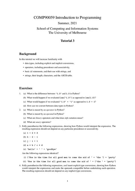 Tutorial 3 From Week 3 COMP90059 Introduction To Programming Summer