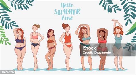다른 높이의 젊은 여성의 그룹 그림 유형과 크기에 줄지어 서 수영복을 입고 바디 긍정적이고 아름다움 다양성 벡터 개념 다양에 대한 스톡 벡터 아트 및 기타 이미지 Istock