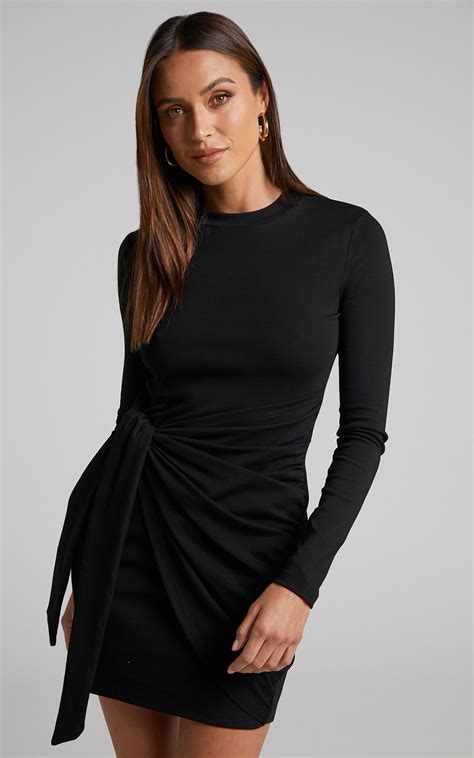 Marleen Mini Dress Wrap Front Long Sleeve Bodycon Dress In Black Showpo