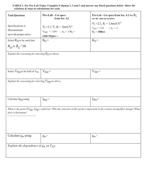 Solved TABLE 1 For Pre Lab Tasks Complete Columns 1 2 And 3 And Answer Course Hero