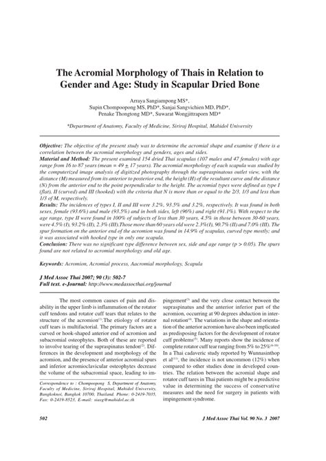 Pdf The Acromial Morphology Of Thais In Relation To Gender And Age