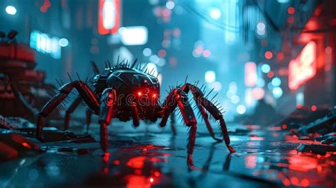 Futuristic Robotic Spider In Neon Lit Alley Menacing And Ominous Sci