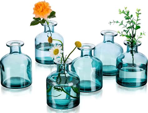 Green Glass Bud Flower Vase Set Of 6 Glasseam Decorative Small Mini
