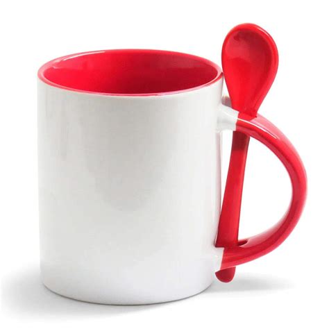 Caneca Reta Colher Cerâmica Alça e Interior VERMELHA 325 ml
