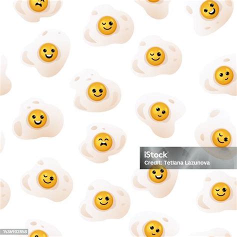 만화 계란 패턴입니다 계란 후라이의 매끄러운 인쇄 건강한 조리된 아침 식사는 종이 직물 직물을 포장하기 위한 귀여운 반복 배경입니다 벡터 텍스처 감정에 대한 스톡 벡터 아트