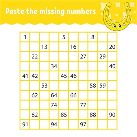 1에서 100까지 누락된 숫자를 붙여넣습니다 필기 연습 아이들을 위한 학습 숫자 교육 개발 워크시트 활동 페이지 벡터 그림
