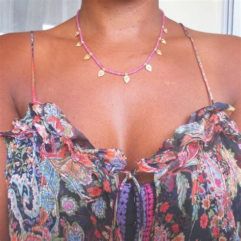 Pink Gemstone Beaded Necklace Gold Yoga Jewelry Meaningful Jewelry