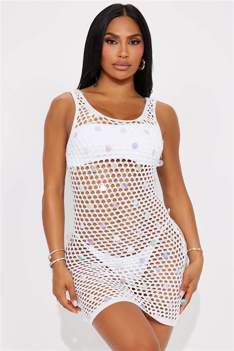 Poolside Cabana Sequin Crochet Cover Up Dress White Fashion Nova