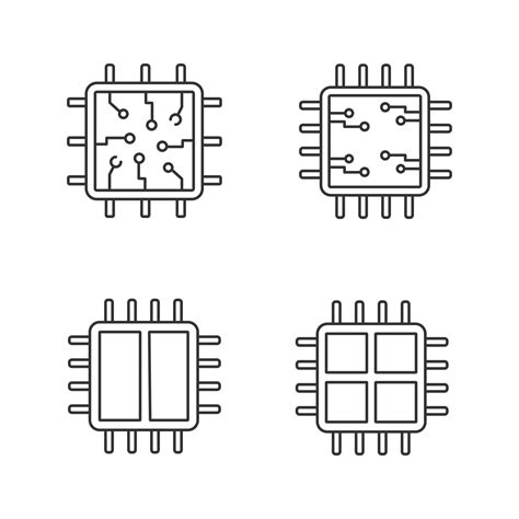 Processors Linear Icons Set Chip Microprocessor Integrated Unit Dual And Quad Core