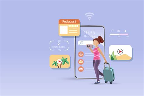 온라인 여행 개념입니다 카메라를 들고 짐을 나르는 관광객 여성은 모바일 앱3d 벡터에 대한 온라인 스마트 정보로 여행을 즐긴다 3차원 형태에 대한 스톡 벡터 아트 및 기타