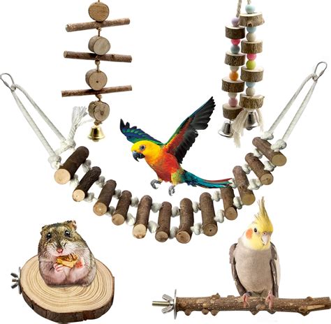 5 Pcs Bird Toys Parrots Cage Toys Natural Wood Bird Perch Stand