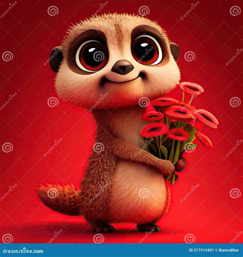 Smiling Cute Meerkat Holding Bouquet In Colorful Flower Isolate Warm