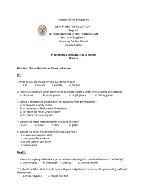 1st Quarterly Examination In Mapeh Pdf Breast Cancer Obesity