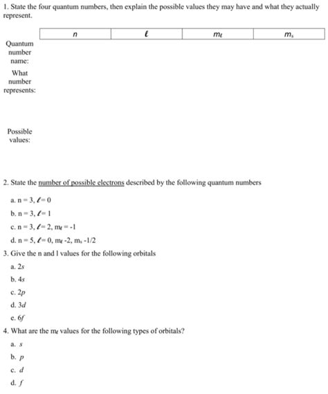 Solved 1 State The Four Quantum Numbers Then Explain The