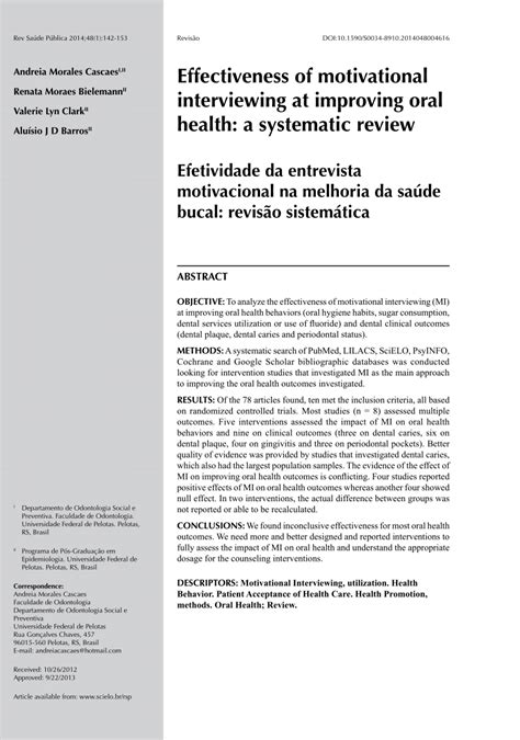 Pdf Effectiveness Of Motivational Interviewing At Improving Oral Health A Systematic Review