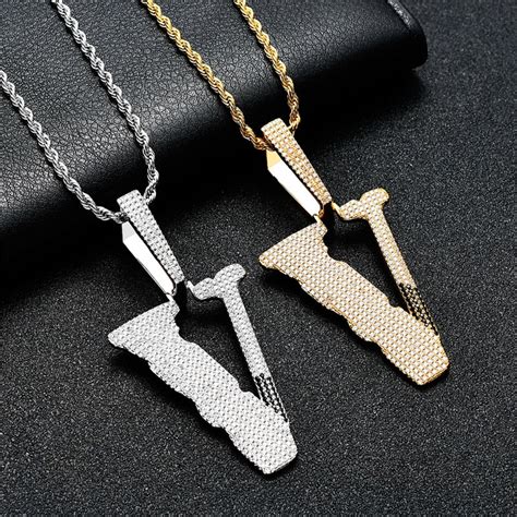 V Letter Pendant Iced Out Micro Pave Cz Chain Ajwatches