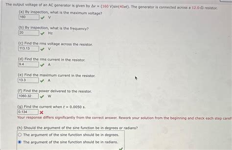 Solved The Output Voltage Of An Ac Generator Is Given By Chegg Com